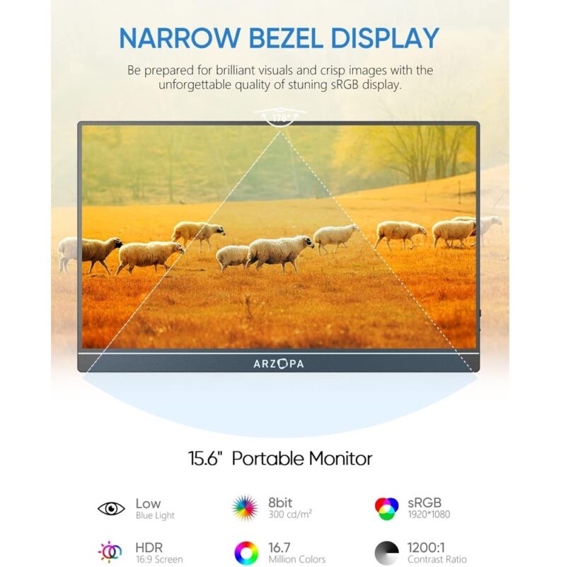 ARZOPA Portable Monitor 15.6” 1080P FHD USB-C HDMI HDR Eye Care ...